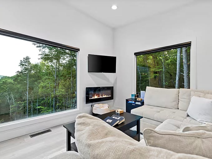 Floor-to-ceiling windows bring the forest inside while you sink into plush seating with a crackling fireplace nearby.