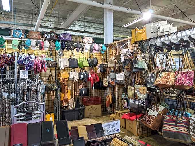 This handbag display rivals any department store, except your wallet won't need therapy after shopping here.