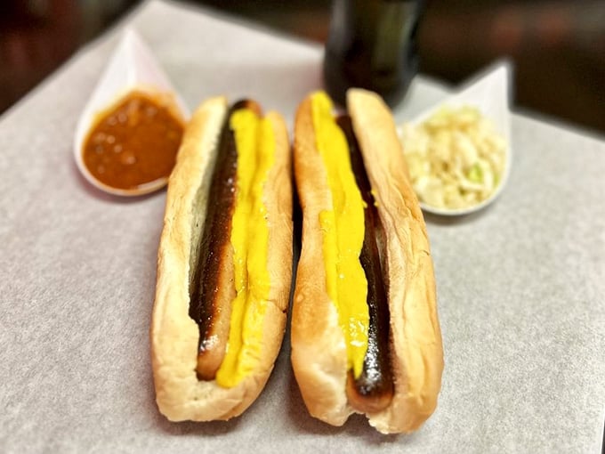Two perfect hot dogs with mustard, proof that sometimes the simplest pleasures are the most profound ones.