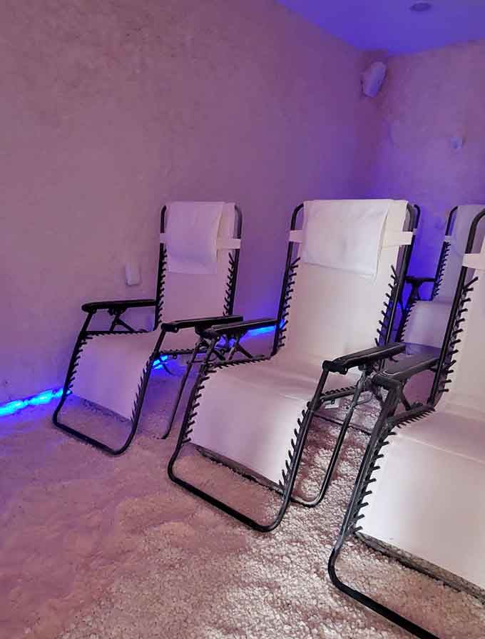 Zero-gravity chairs arranged on a floor of pure salt, because regular beach chairs are so last century.