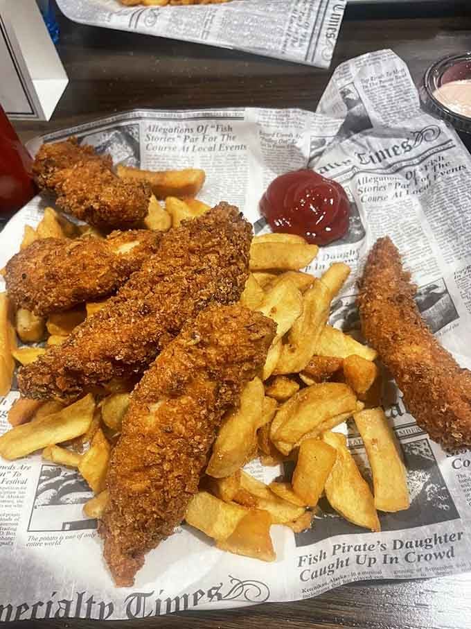 Golden, crispy chicken tenders served on newspaper because sometimes the best presentation is the most honest one.