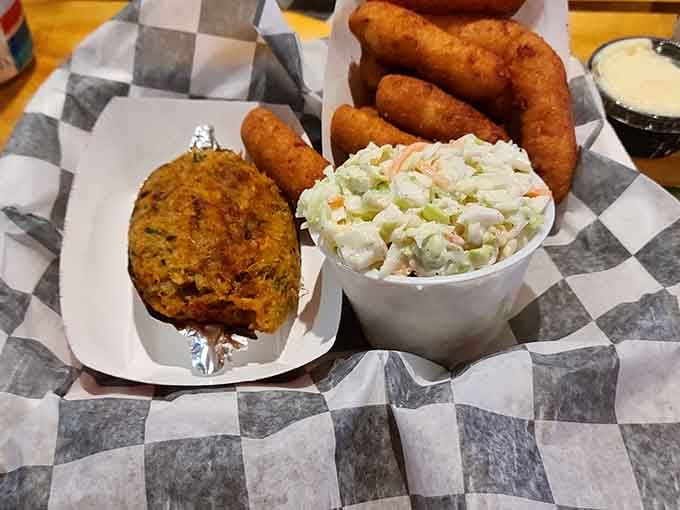 Deviled crabs with hushpuppies and slaw: the holy trinity of Chesapeake Bay comfort food done right.