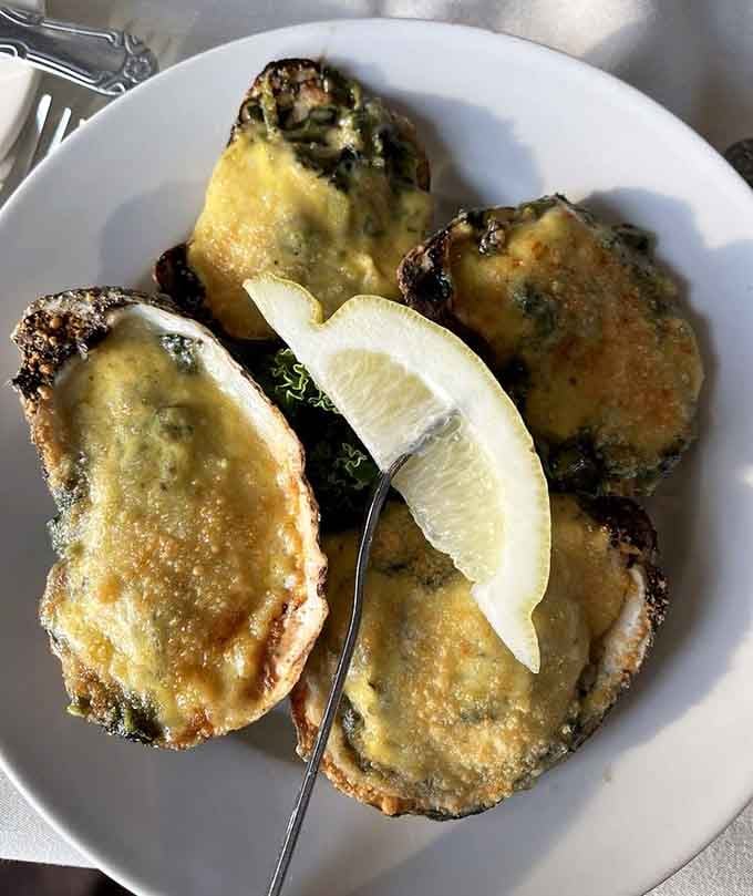 Oysters Rockefeller with that golden, bubbling top: proof that some classics never need updating or improvement.