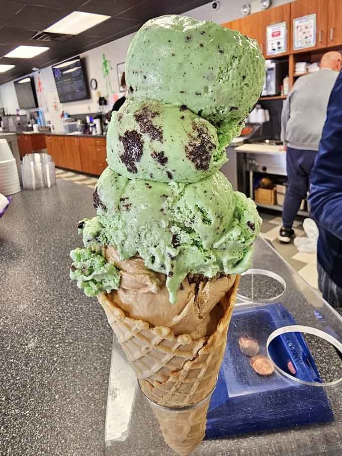 Mint cookies and cream towers like the Leaning Tower of Pisa, except way more delicious and less likely to disappoint.