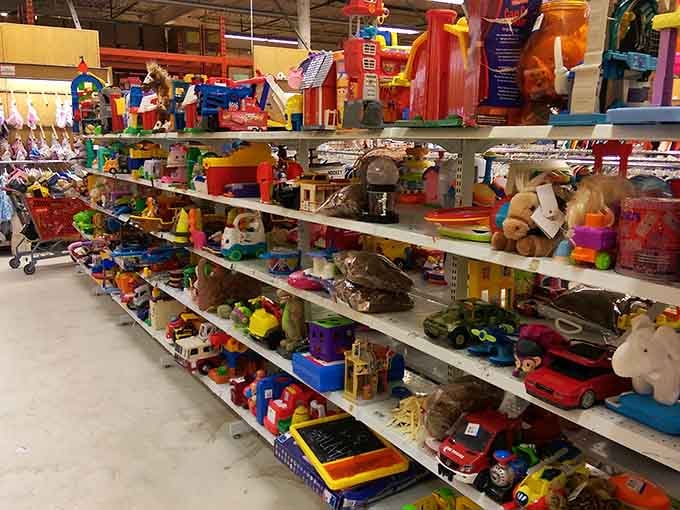 Colorful treasures line the shelves, proving kids' toys deserve second chances and delighted new owners.