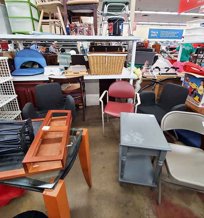 Furniture finds ranging from "needs TLC" to "ready for your living room right now" fill every available corner.