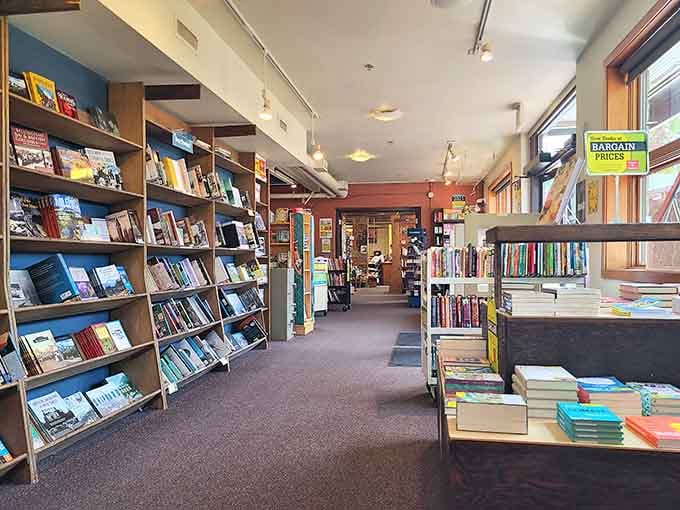 Village Books and Paper Dreams cozy bookstore aisle features carpet, shelves, and that peaceful browsing atmosphere we crave.