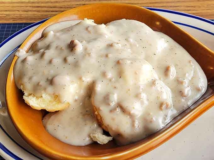 Biscuits and gravy so good they'll make you reconsider every breakfast decision you've ever made in your entire life.