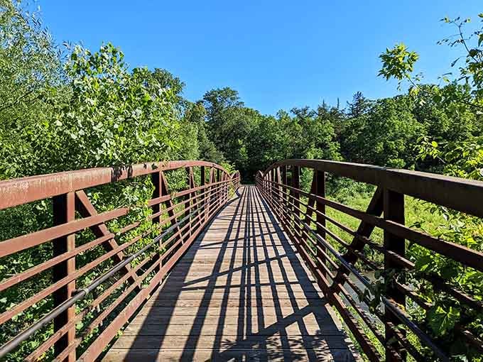 This bridge leads you deeper into the park, like a wooden invitation to leave your worries behind.
