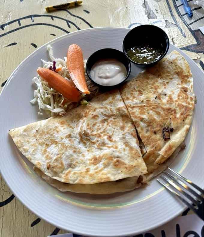 This chicken quesadilla comes with fresh veggies and enough melted cheese to make your heart sing.