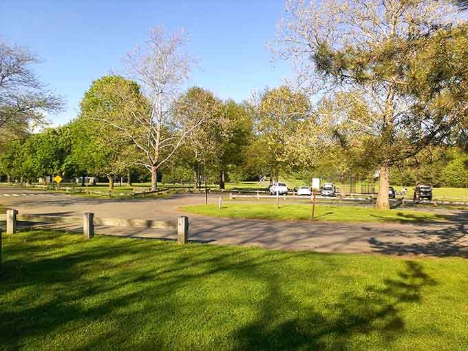 Spring green lawns and open spaces where Revolutionary War soldiers once drilled, now perfect for peaceful Sunday strolls.