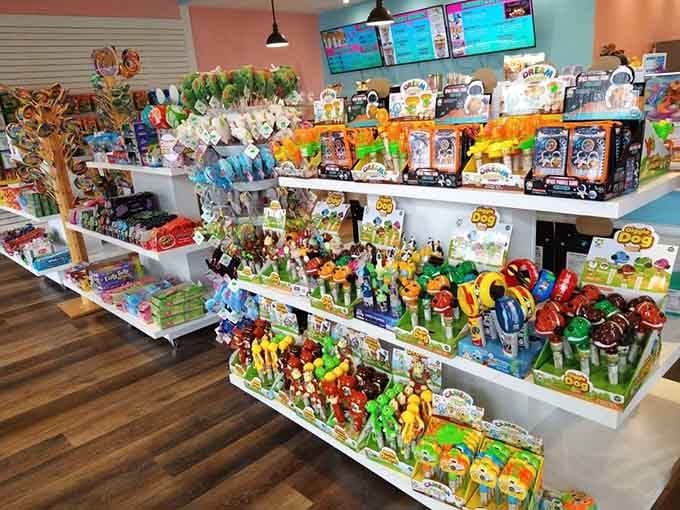 Novelty candy displays that look like they raided every nostalgic corner of your childhood and won gloriously.