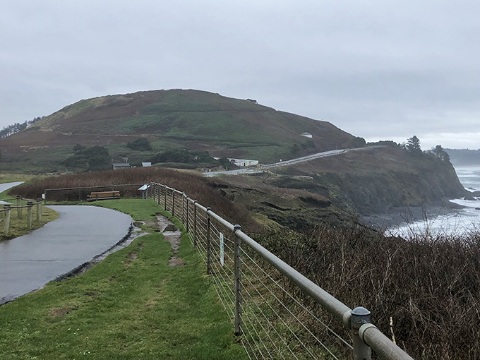 The headland stretches into the ocean like nature's own viewing platform, complete with pathways for those who prefer pavement.