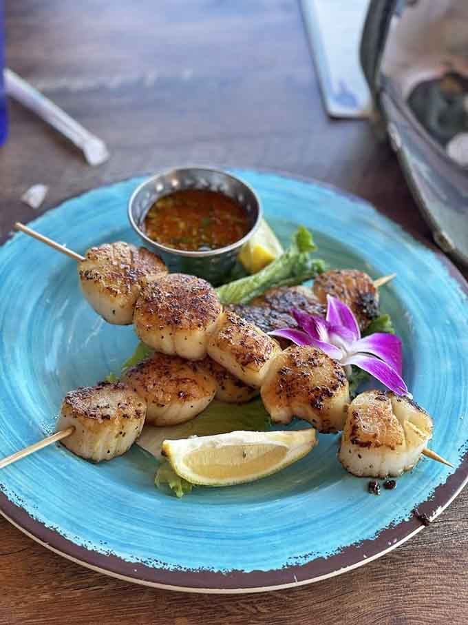 Perfectly seared scallops on skewers prove that sometimes the simplest presentations pack the most flavor and visual punch.
