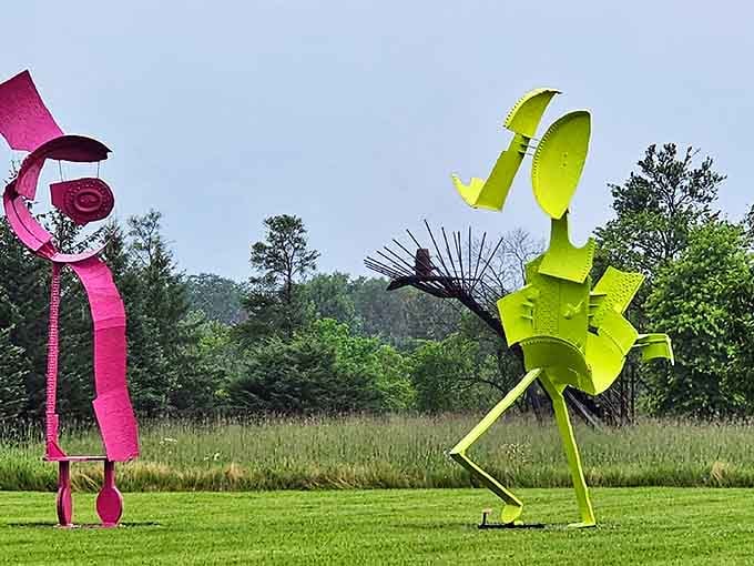 Bright pink and lime green figures dance across the lawn like cartoon characters escaped into reality.