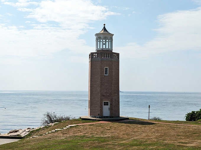 That warm brownstone tower stands like a friendly neighbor watching over the peaceful Sound waters below.