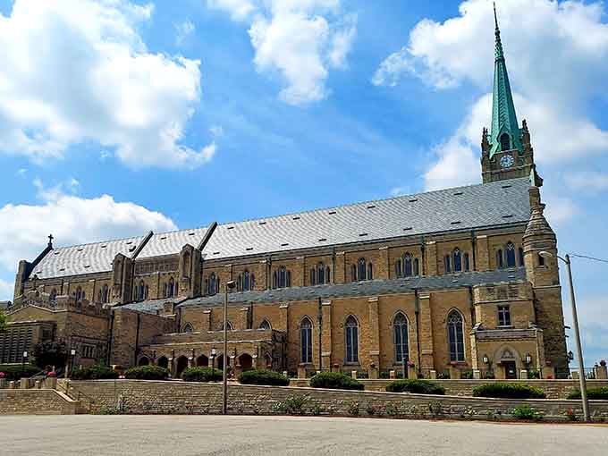 This magnificent church spire reaches skyward, a landmark visible for miles that anchors the entire downtown with timeless grace.