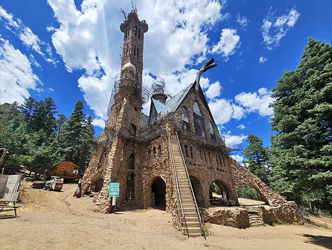 One man's medieval dream rises through the pines, a hand-built castle complete with soaring towers and metal dragons.