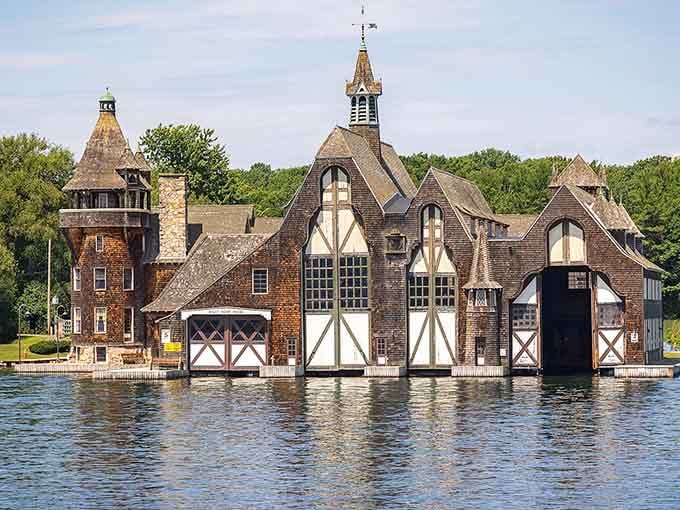 These Tudor-style boathouses floating on the water look like they sailed straight from a German riverside village.