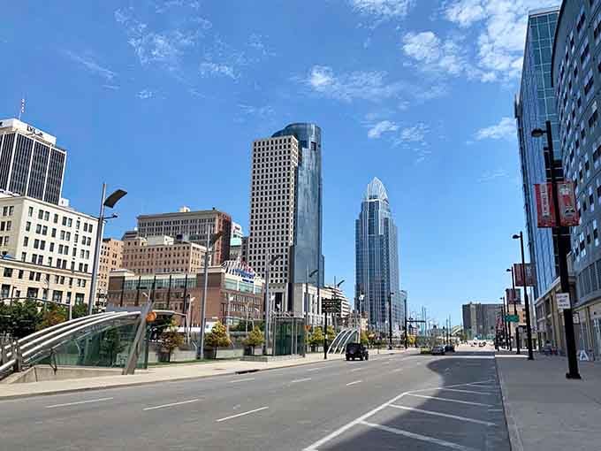 Clean streets and clear skies make this urban landscape feel surprisingly approachable, like a big city with small-town manners.