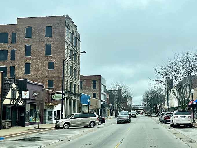 Wide streets and brick buildings create that classic Midwest downtown vibe where everyone still knows your name.