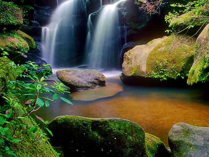 Moss-covered boulders frame this enchanting waterfall like nature's own secret garden tucked away from the world.