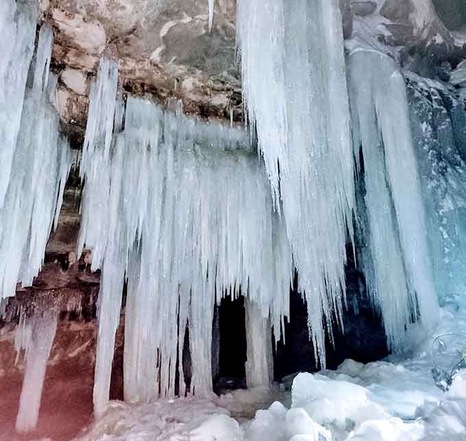 Frozen curtains hang like nature's own chandelier, transforming winter's chill into something straight out of Narnia's wardrobe.