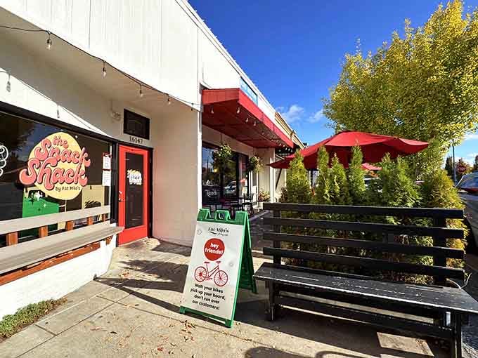 Red umbrellas and bike-friendly vibes make this Railroad Street gem the perfect stop for fueling up before your next adventure.