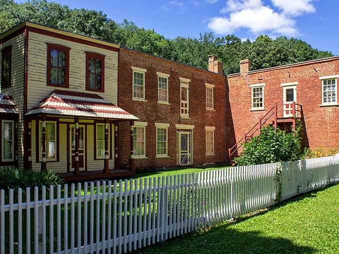 White picket fences frame these perfectly preserved brick buildings where history feels close enough to touch and explore.
