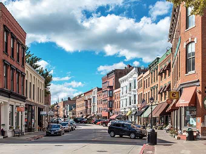 Historic buildings painted in cheerful colors create a Main Street that Norman Rockwell would have loved painting.
