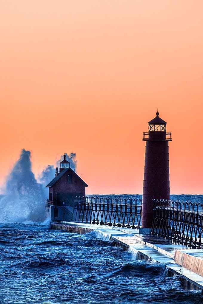 When winter waves explode at sunset, this red duo creates drama worthy of a Spielberg film&mdash;nature's special effects.