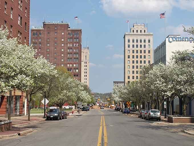 Spring trees frame downtown buildings where your rent won't require winning the lottery or selling plasma weekly.