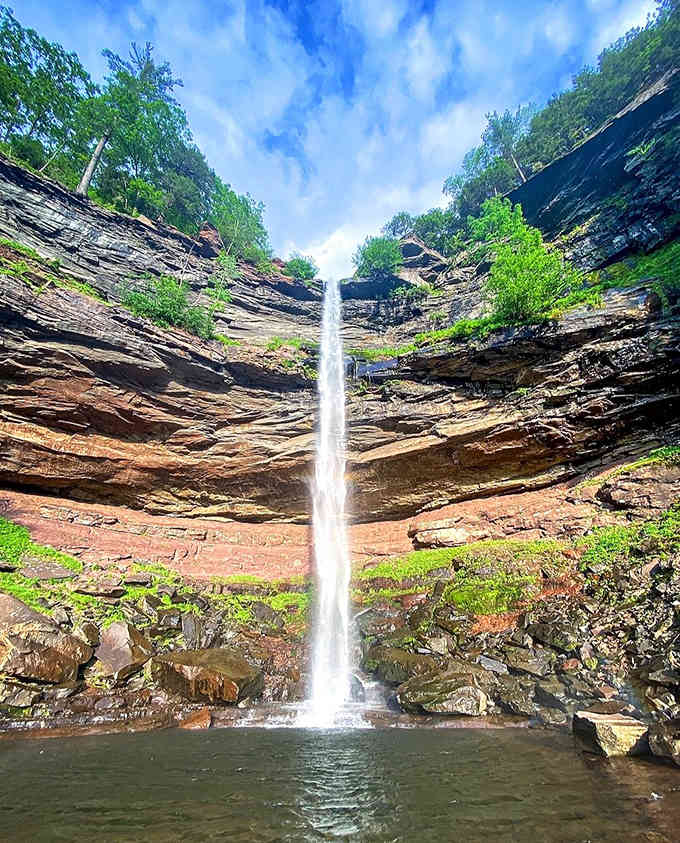 Water drops 260 feet between striped canyon walls that look like a giant layer cake made of stone.