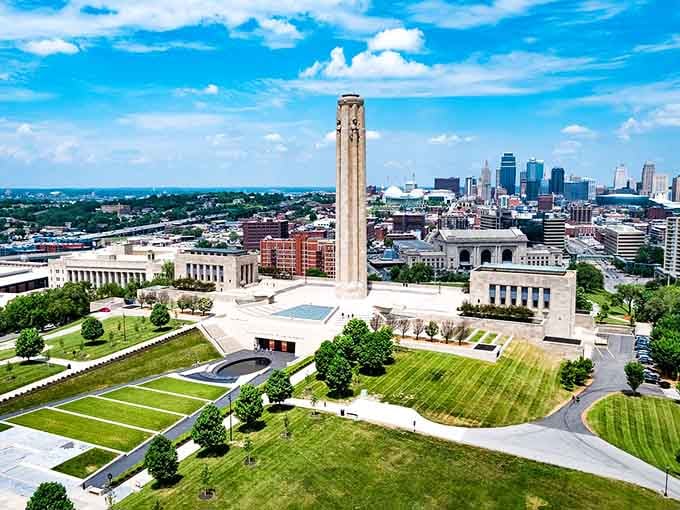 The Liberty Memorial tower rises majestically while Kansas City's skyline plays backup dancer in the distance.