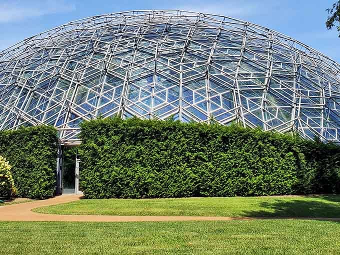 This geodesic dome rises like a crystal palace, sheltering tropical wonders inside its geometric embrace.