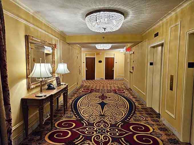That crystal chandelier and ornate carpet practically whisper tales of famous guests who've walked these elegant halls.