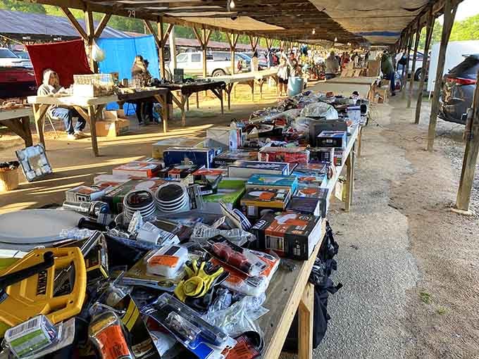 Covered pavilions shelter tables overflowing with power tools that would make Tim Allen grunt with approval.