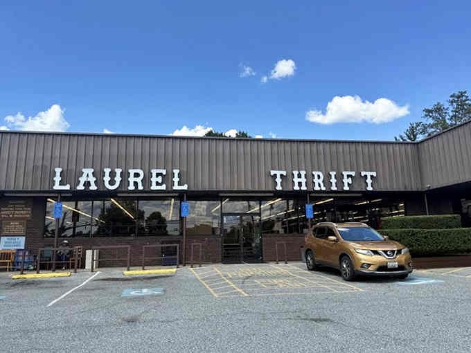 Classic white lettering against metal siding creates an understated entrance to a world of unexpected bargain discoveries.