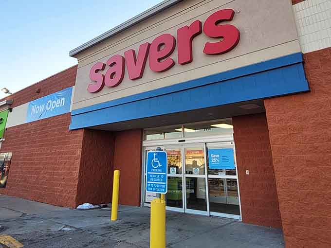 That distinctive blue stripe and red lettering mark the spot where smart shoppers stretch their dollars.