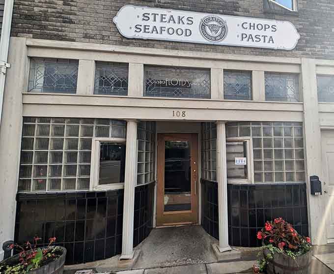 Classic glass block windows and vintage charm make this storefront look like it stepped straight out of the 1940s.