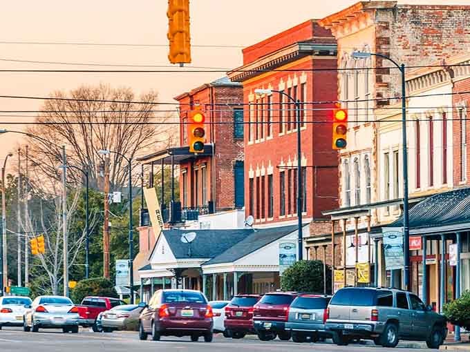 Golden hour light bathes these colorful storefronts in warmth that matches the welcome you'll receive inside.