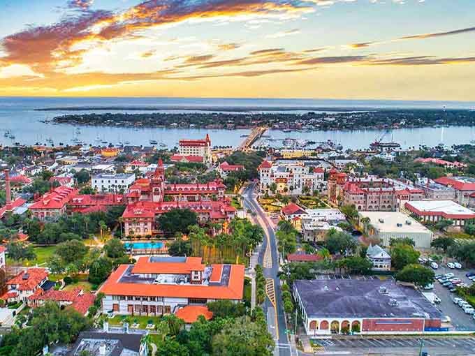 Those terracotta rooftops glowing at sunset look like someone sprinkled Spanish magic across the oldest city in America.