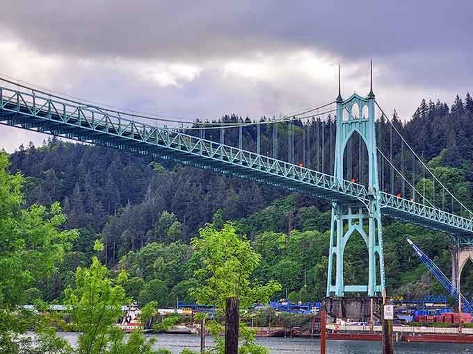 The Gothic towers rise in that signature green color, making this bridge look like it sailed straight from Europe.