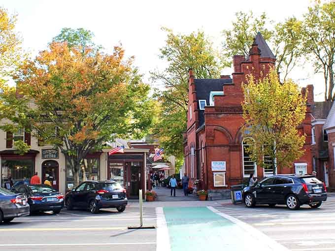 Autumn colors frame historic brick buildings that have watched generations of stories unfold on these very corners.