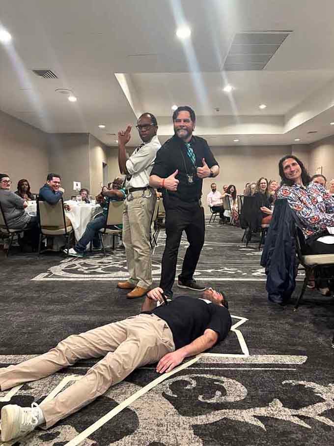 Nothing says "dinner theater" quite like chalk outlines and enthusiastic amateur detectives solving crimes between courses of delicious food.