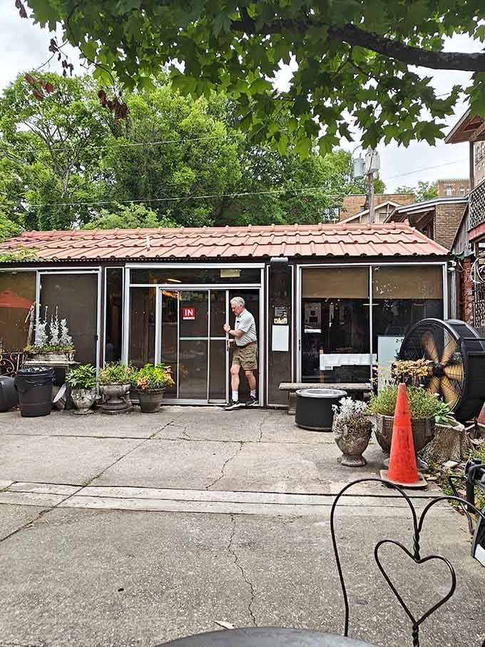 Tucked beneath leafy branches, this charming entrance whispers "come discover something special" louder than any billboard could.
