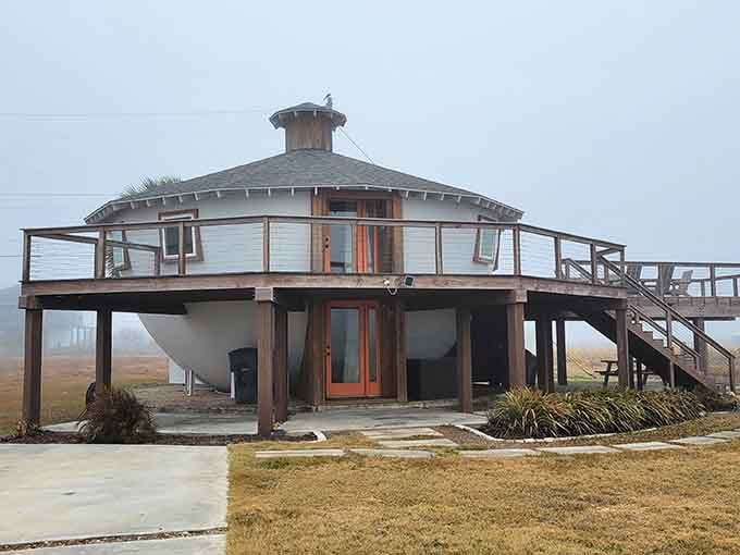 This round coastal home on stilts looks like something from a whimsical children's book come to life.