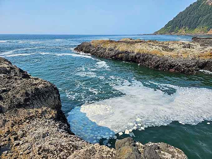 Tide pools swirling between dark rocks look like nature's own marble collection scattered across the shore.