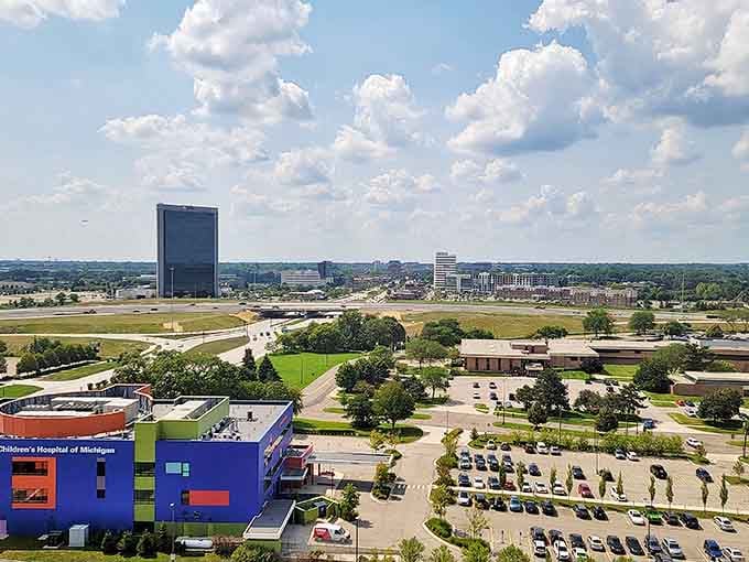 Troy's sprawling landscape stretches toward the horizon, mixing medical centers, office parks, and open spaces under summer skies.
