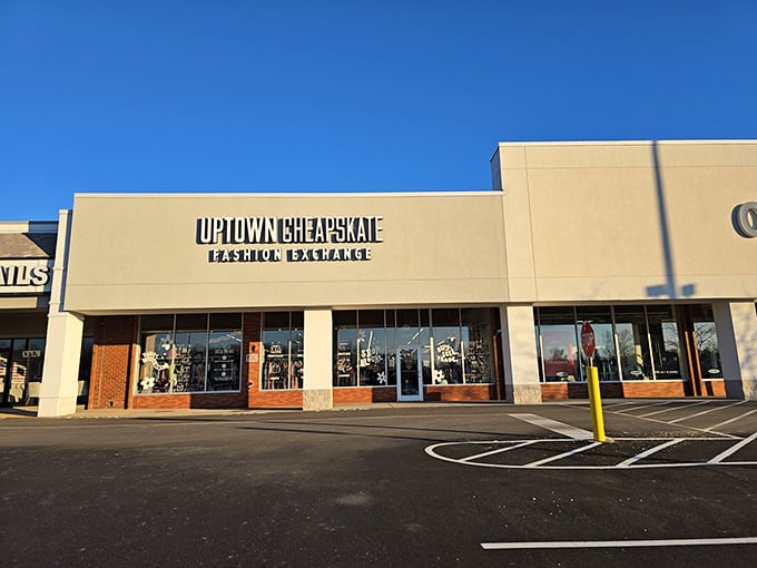 This modern storefront proves thrift shopping has evolved beyond dusty bins into something sleek and surprisingly sophisticated.